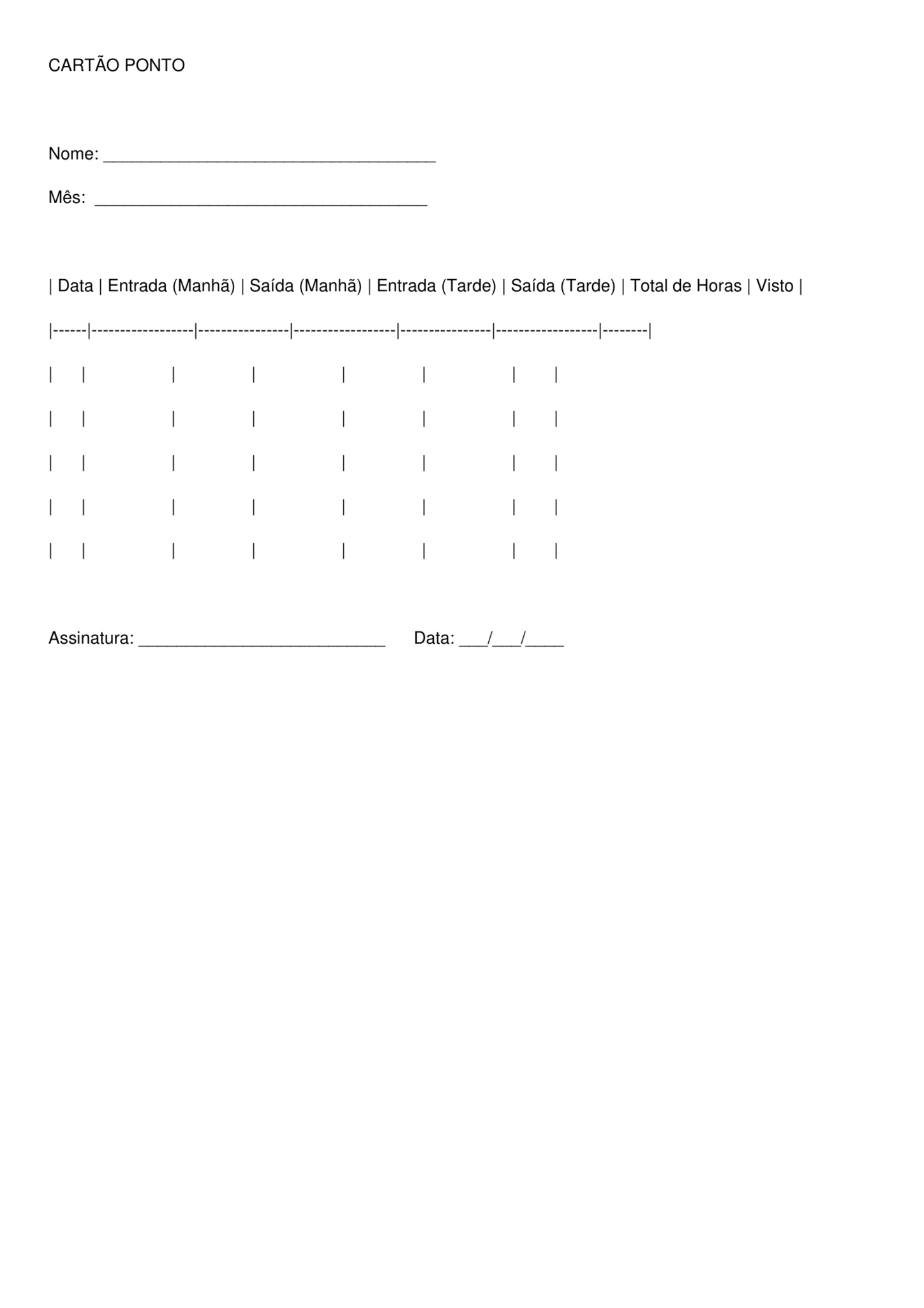 Cartão Ponto para Controle de Horas – Modelo Profissional, Simples e ...