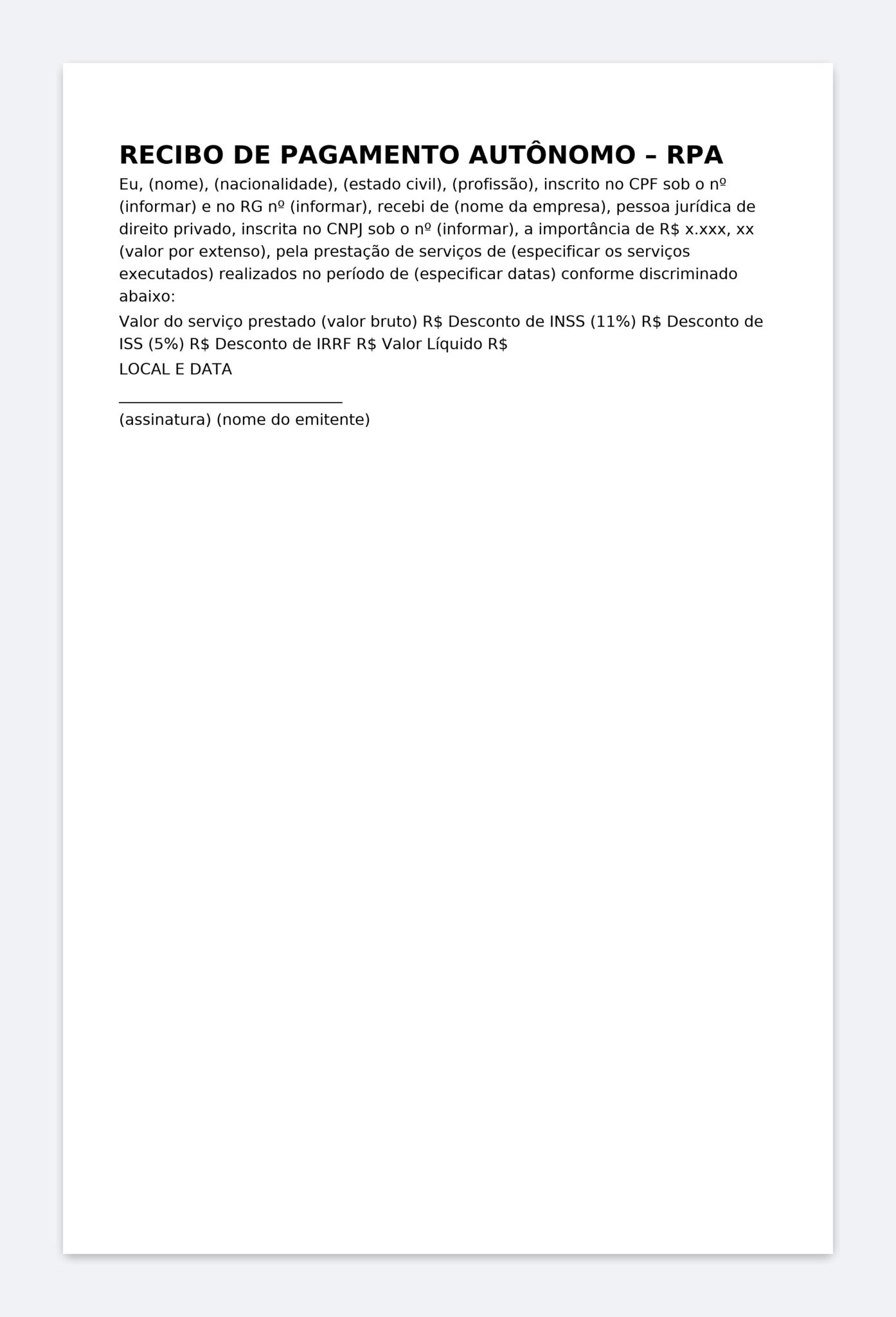 Recibo de Pagamento Autônomo – RPA: Modelo Editável (Word) - Modelos ...